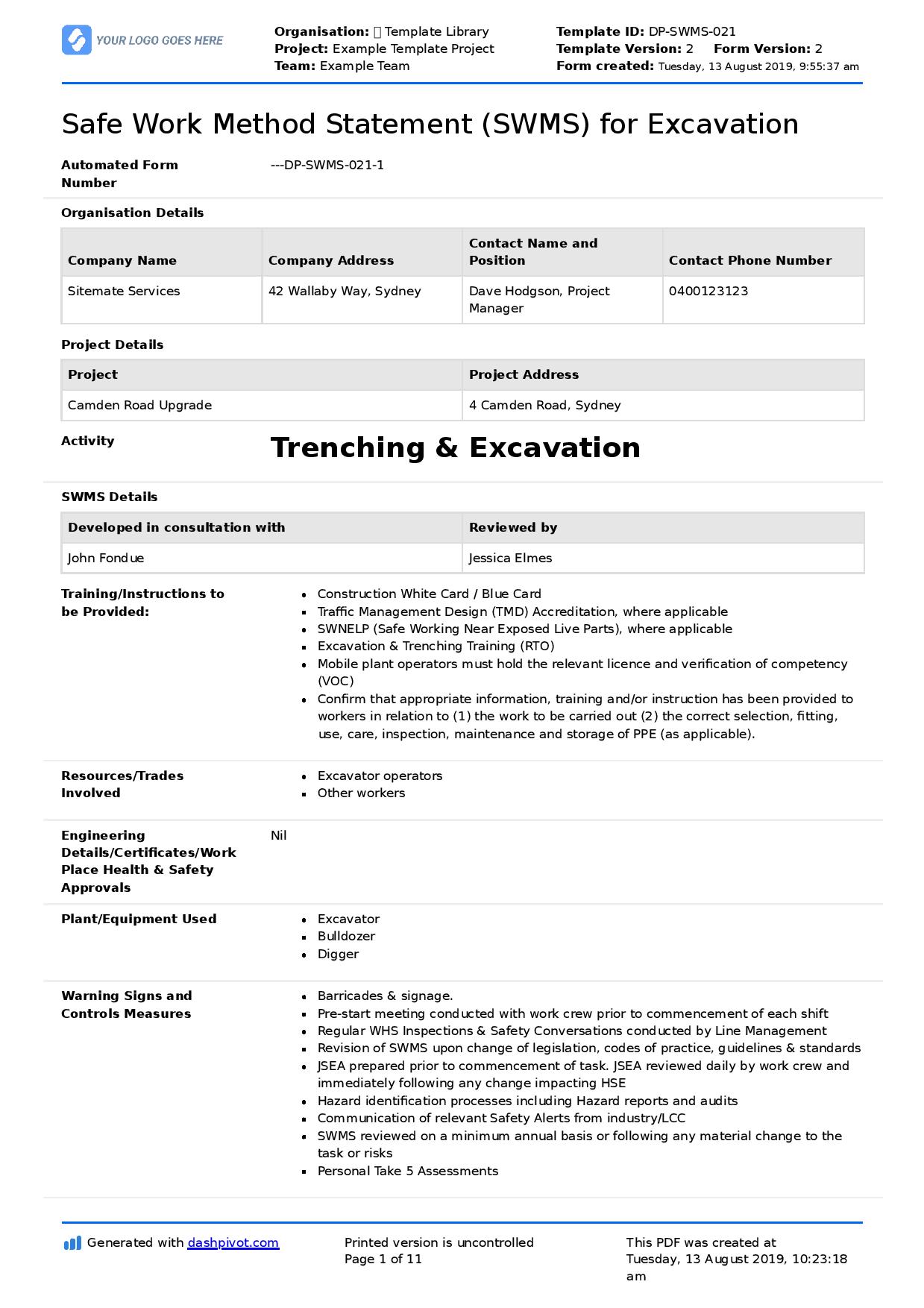 Editable Safe Work Method Statement Template Editable Safe Work Method Statement Template