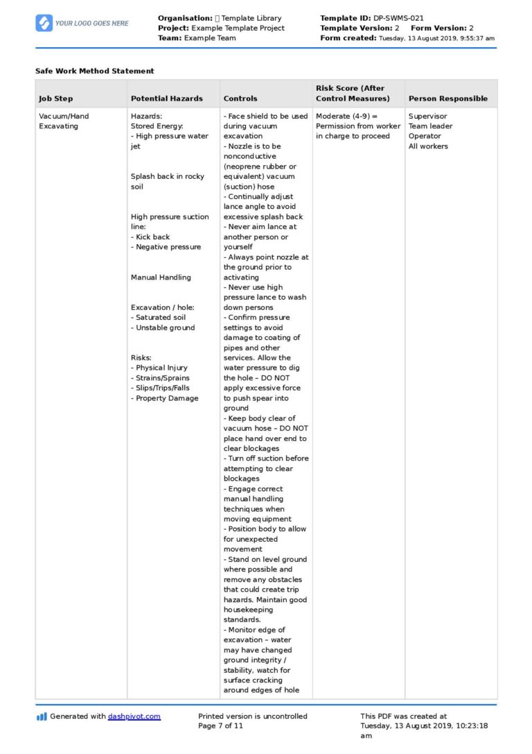 Excavation Safe Work Method Statement (Free SWMS for excavation)