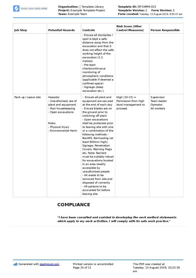 Excavation Safe Work Method Statement (Free SWMS for excavation)