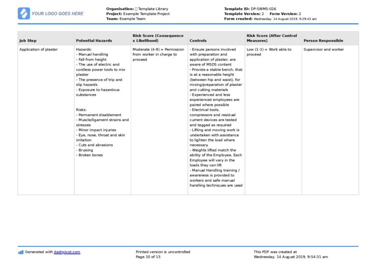 Plastering Safe Work Method Statement (Free plastering SWMS)