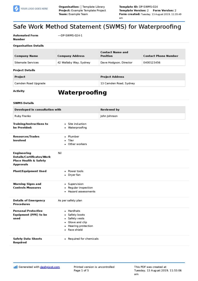 Waterproofing Safe Work Method Statement (Free + Editable)