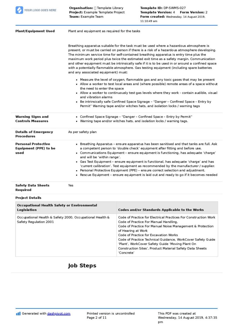 Example Safe Work Method Statement: Use or copy this example SWMS