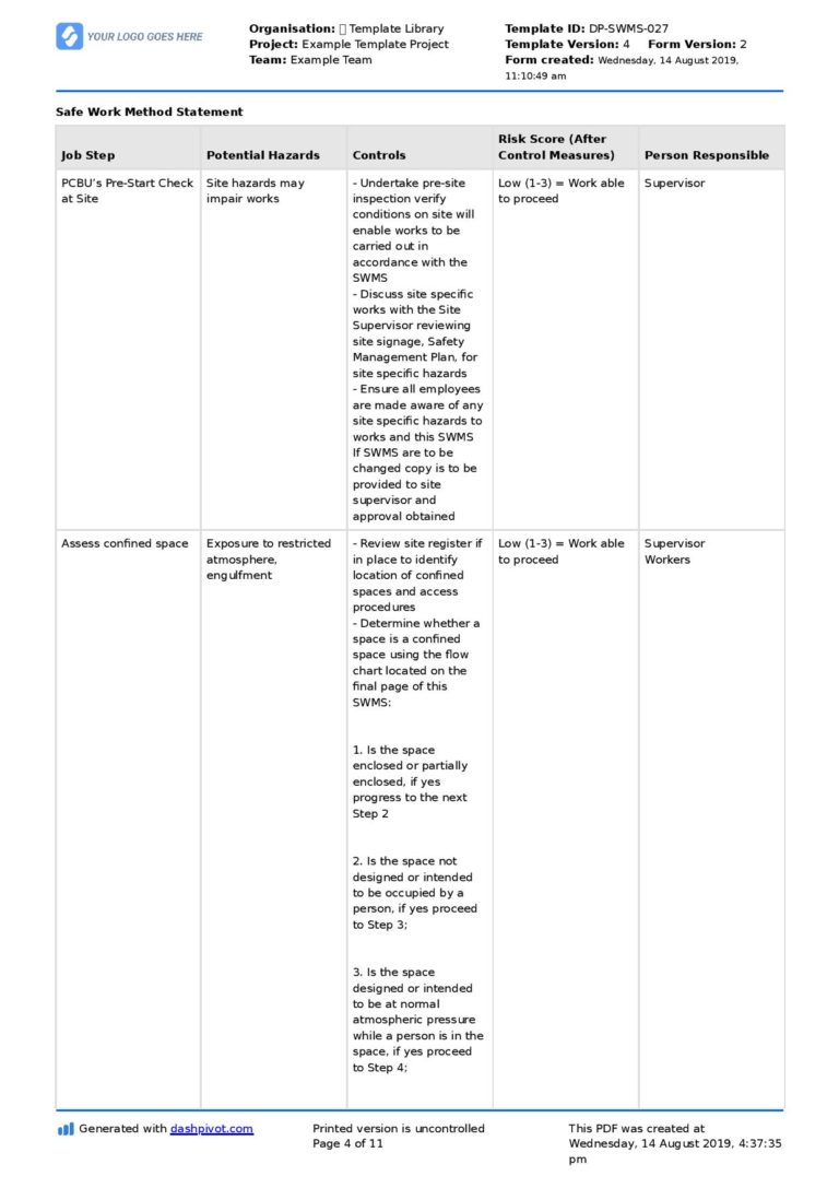 Example Safe Work Method Statement: Use or copy this example SWMS