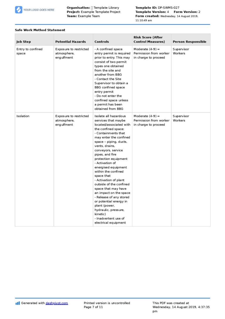 Example Safe Work Method Statement: Use or copy this example SWMS