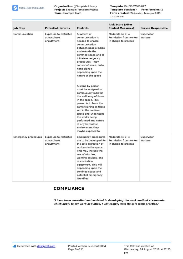 Example Safe Work Method Statement: Use or copy this example SWMS