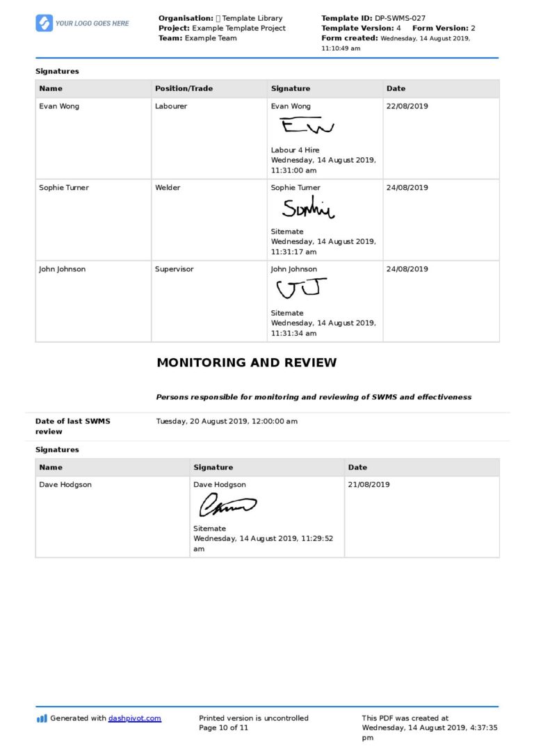 Example Safe Work Method Statement: Use or copy this example SWMS