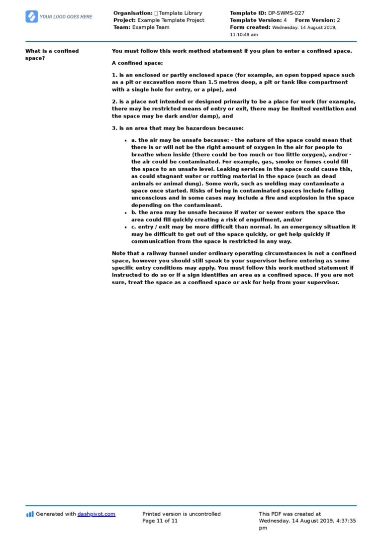 Example Safe Work Method Statement: Use or copy this example SWMS