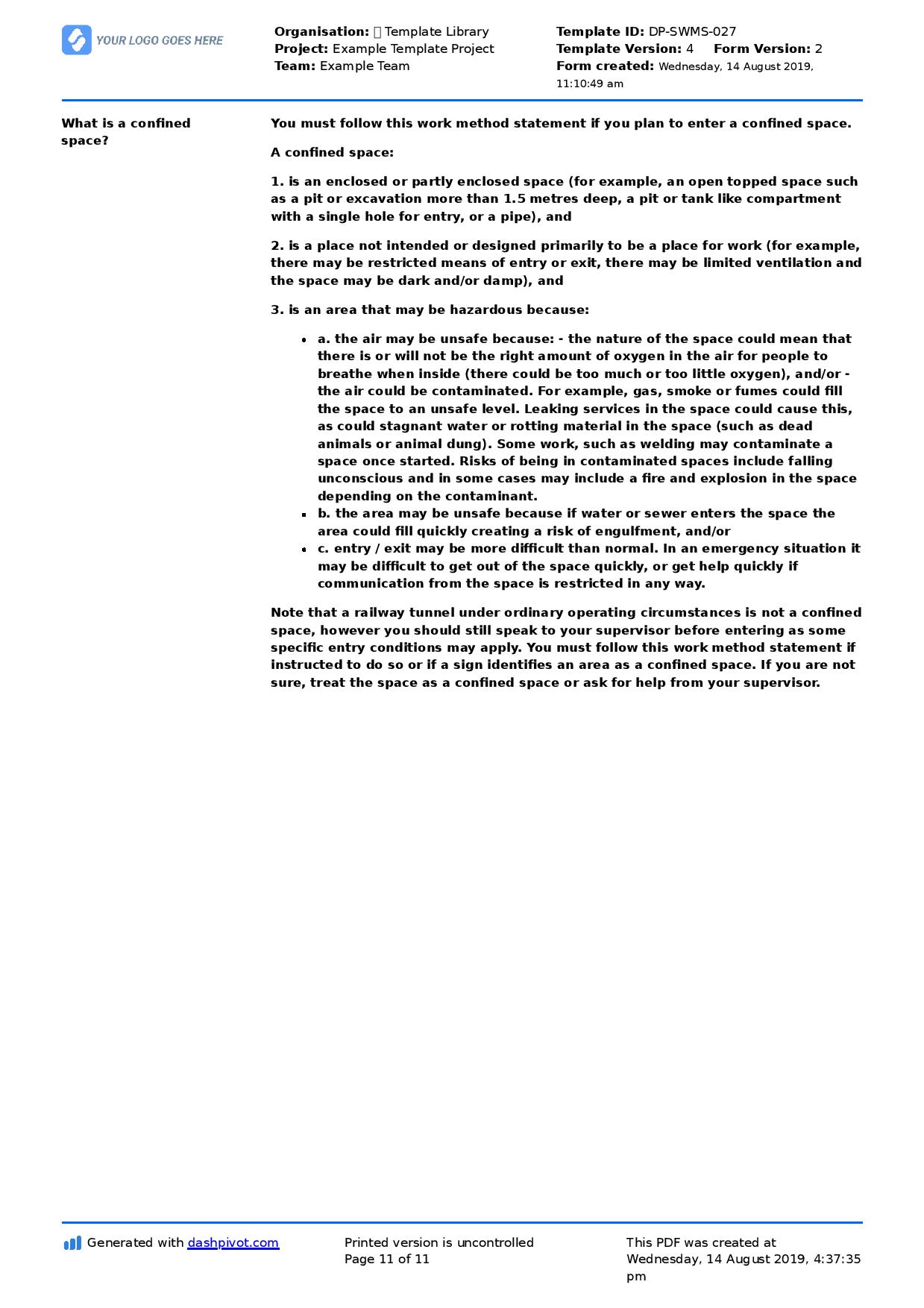 Example Safe Work Method Statement: Use or copy this example SWMS