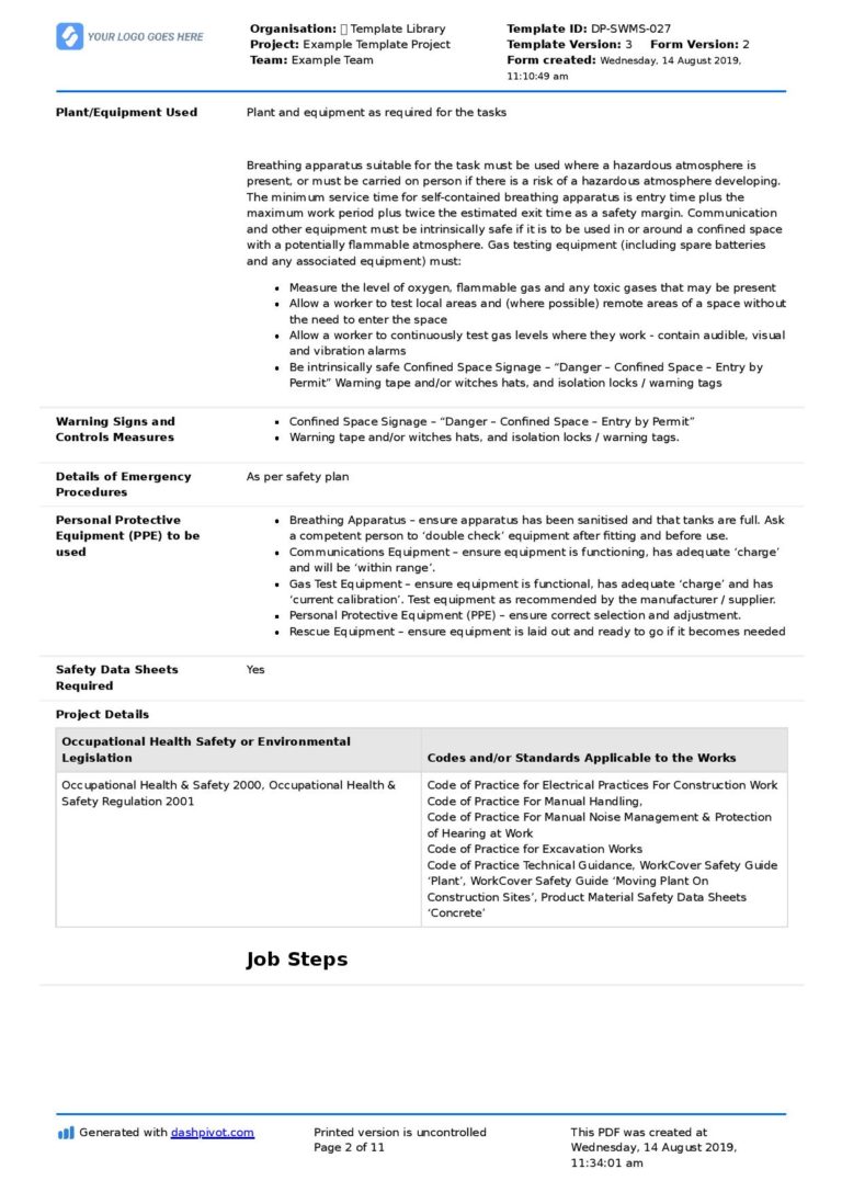 Confined Space Safe Work Method Statement // Editable SWMS doc