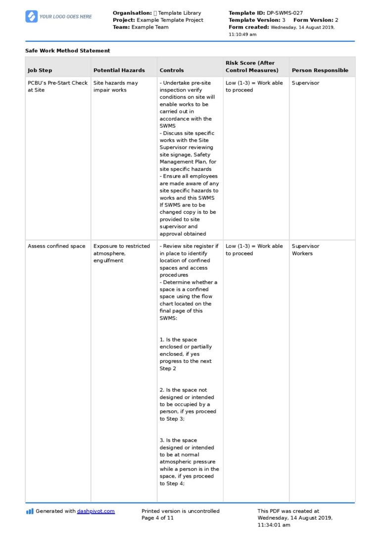 Confined Space Safe Work Method Statement // Editable SWMS doc