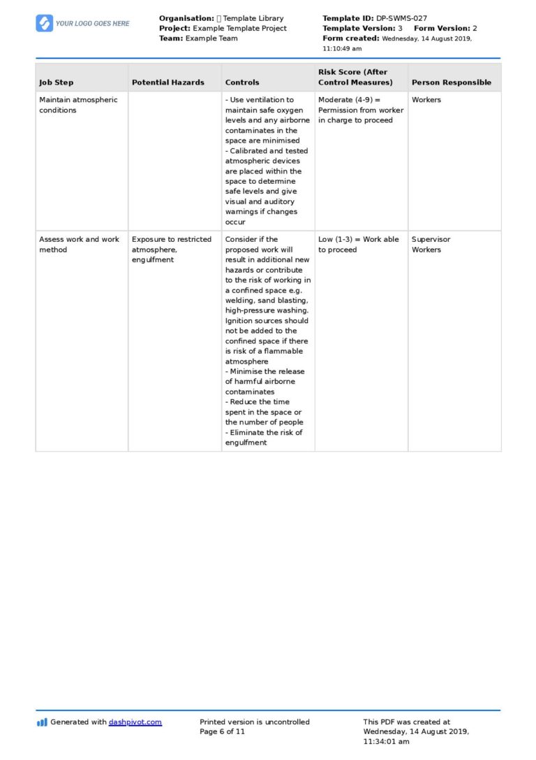 Confined Space Safe Work Method Statement // Editable SWMS doc
