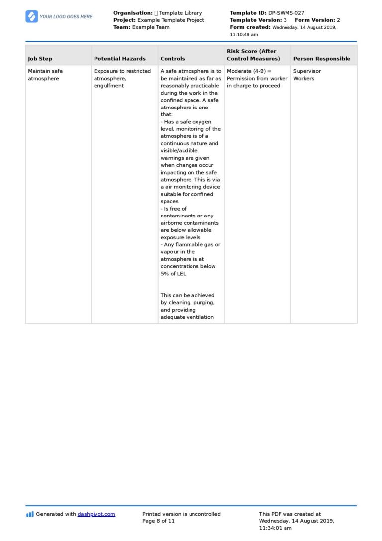 Confined Space Safe Work Method Statement // Editable SWMS doc