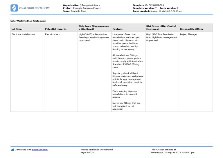 Example Safe Work Method Statement: Use or copy this example SWMS