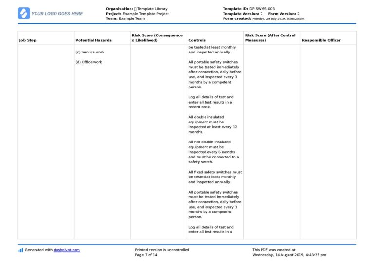 Example Safe Work Method Statement: Use or copy this example SWMS