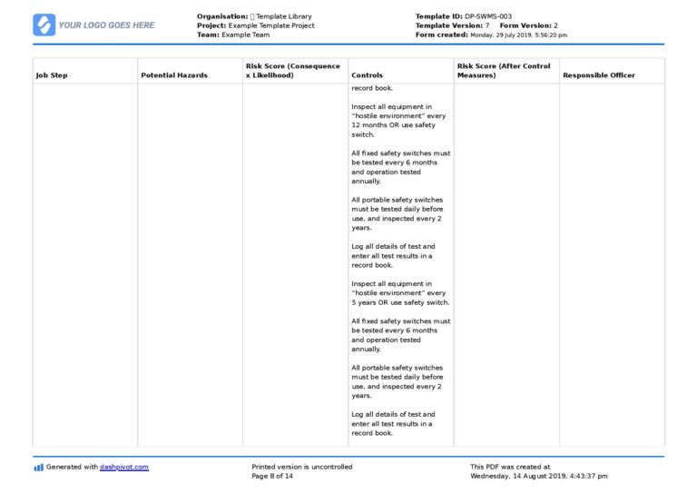 Example Safe Work Method Statement: Use or copy this example SWMS