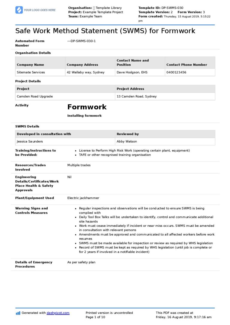 Formwork Safe Work Method Statement (Free formwork SWMS)