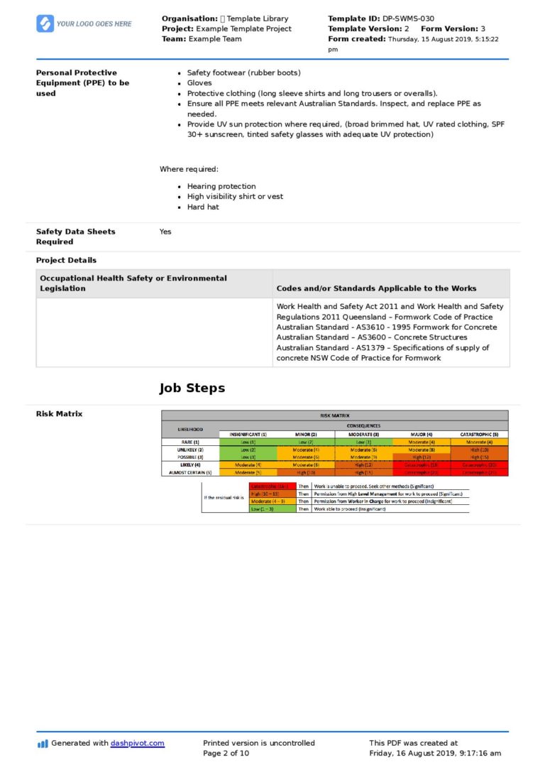 Formwork Safe Work Method Statement (Free formwork SWMS)