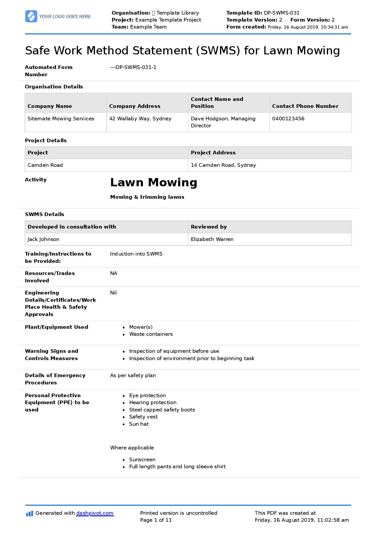 Lawn Mowing Safe Work Method Statement Free And Editable SWMS 