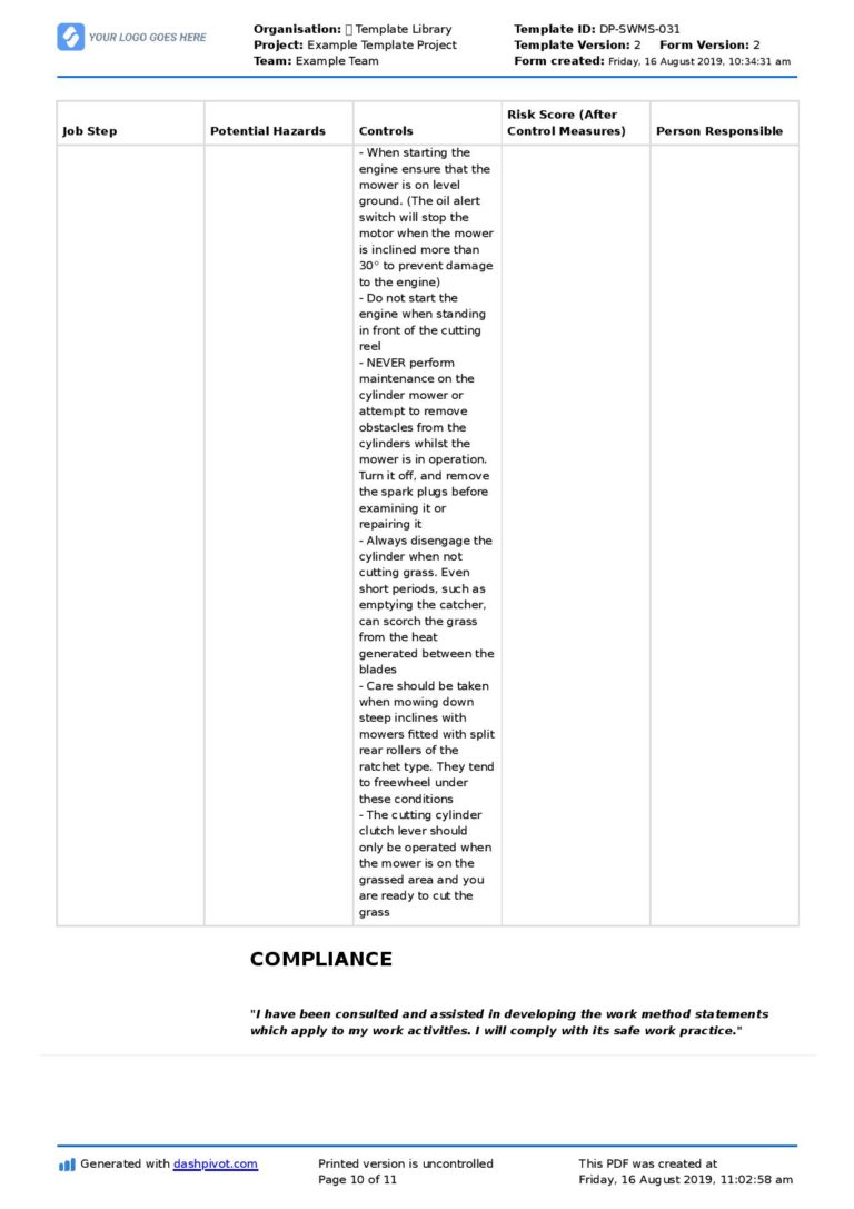 Lawn Mowing Safe Work Method statement (Free and editable SWMS)