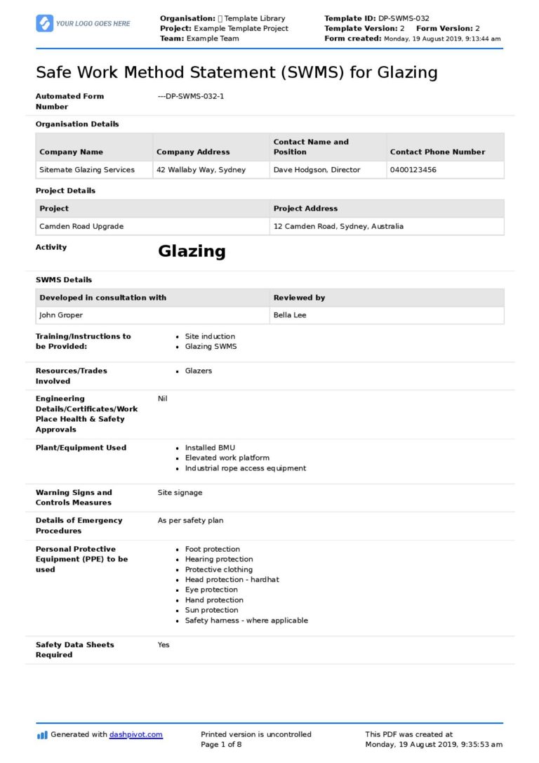 Glazing Safe Work Method Statement [Free & editable SWMS]