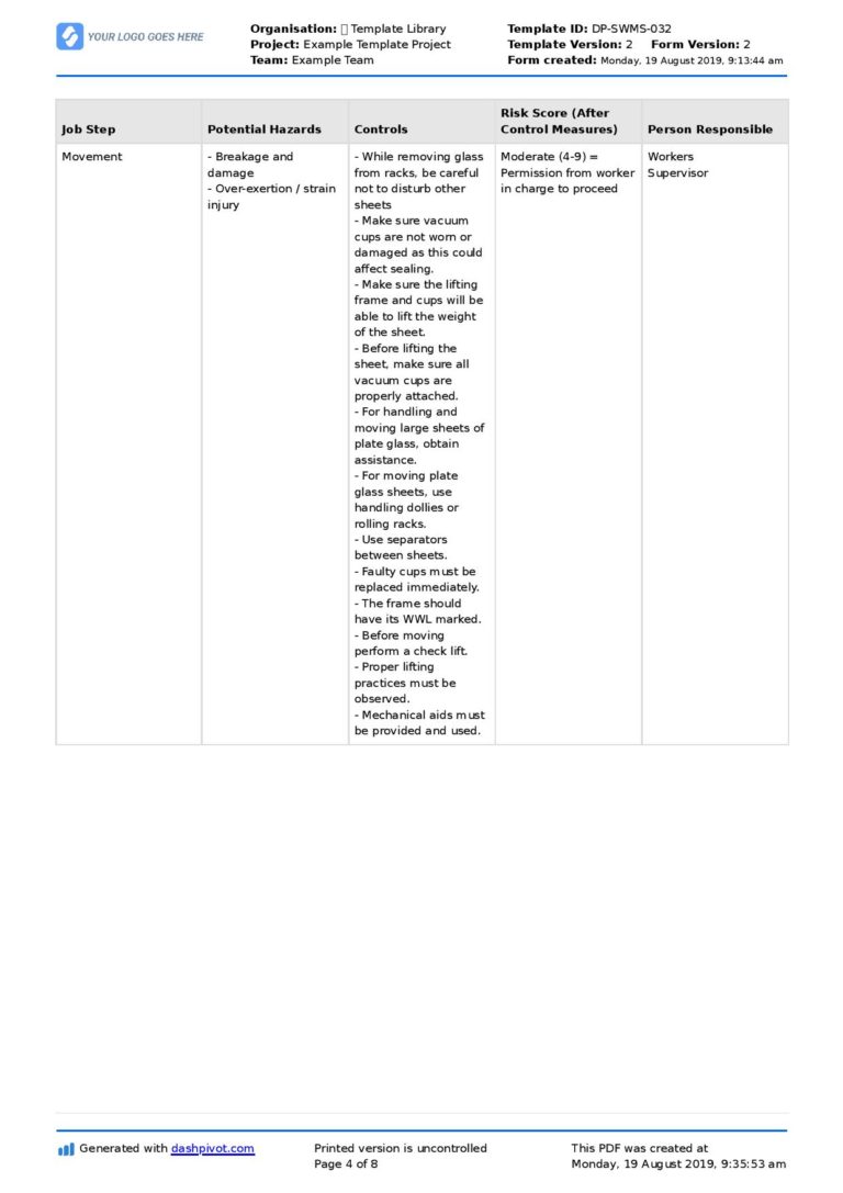 Glazing Safe Work Method Statement [Free & editable SWMS]