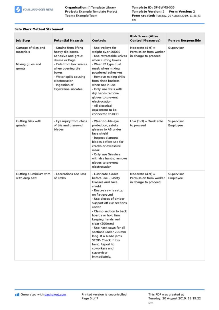 Tiling Safe Work Method Statement: Wall and floor tiling SWMS