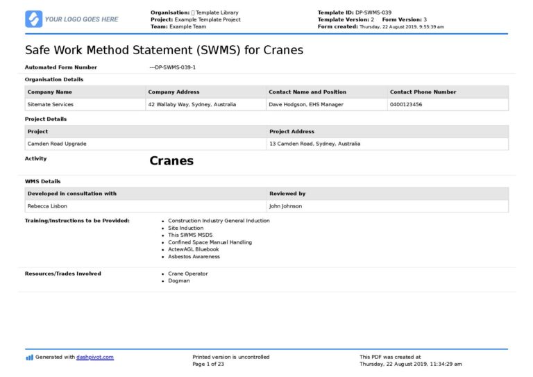 Cranes Safe Work Method Statement (Mobile cranes, truck, operations)