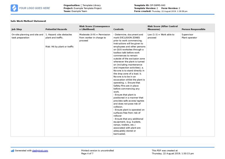 Mobile Plant Safe Work Method Statement (Use and edit for free)