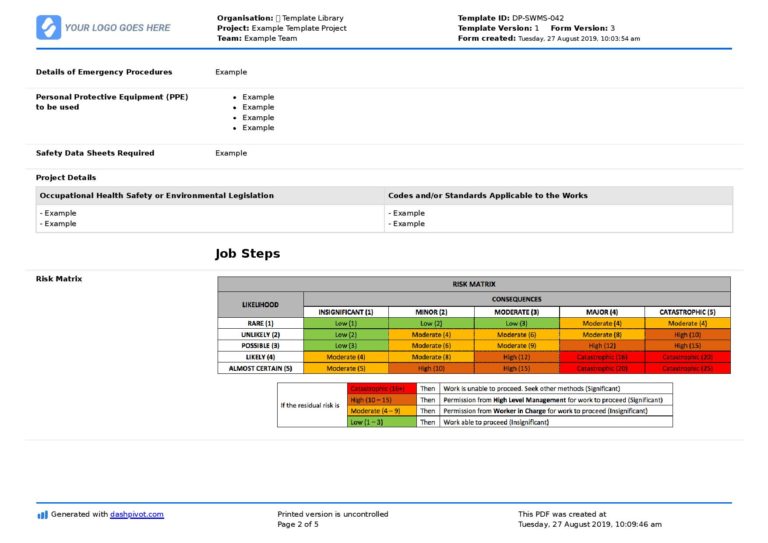 Generic Safe Work Method Statement (Free and customisable)