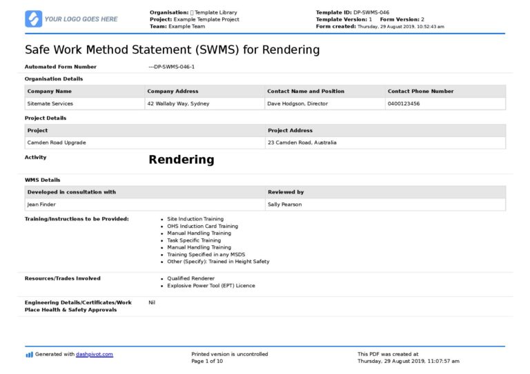 Rendering Safe Work Method Statement (Free rendering SWMS)
