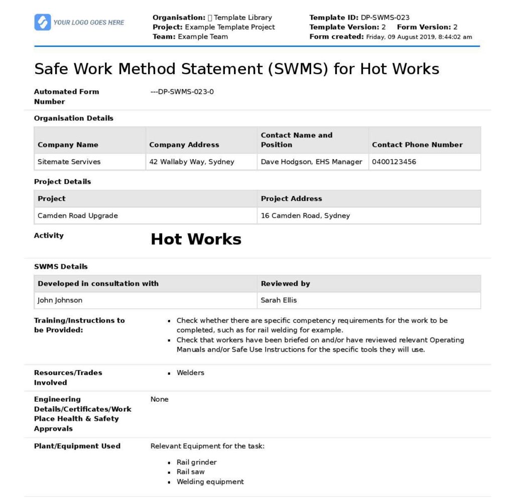 Safe Work Method Statement Template Free SWMS Templates 