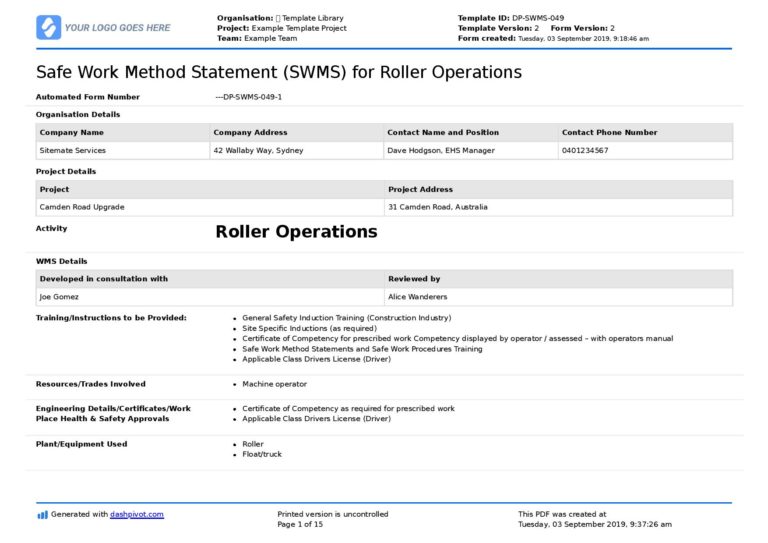 Roller Operations Safe Work Method Statement (SWMS)