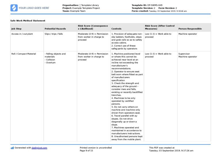 Roller Operations Safe Work Method Statement (SWMS)
