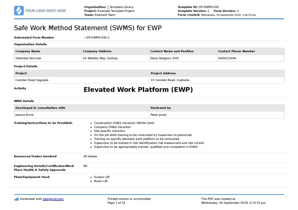EWP Elevated Work Platform Safe Work Method Statement SWMS 