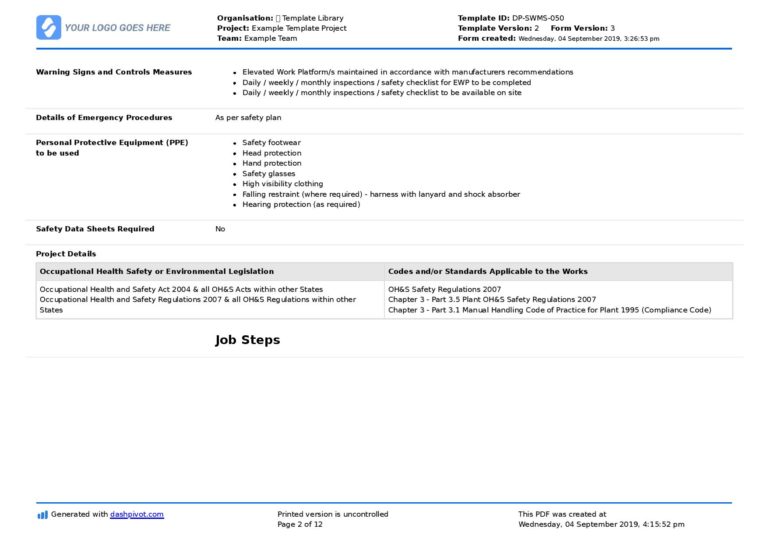 EWP (Elevated Work Platform) Safe Work Method Statement [SWMS]