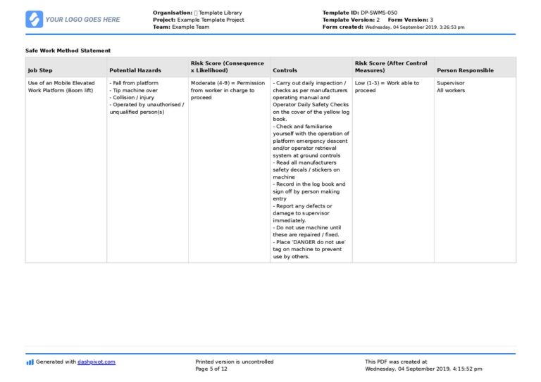 EWP (Elevated Work Platform) Safe Work Method Statement [SWMS]