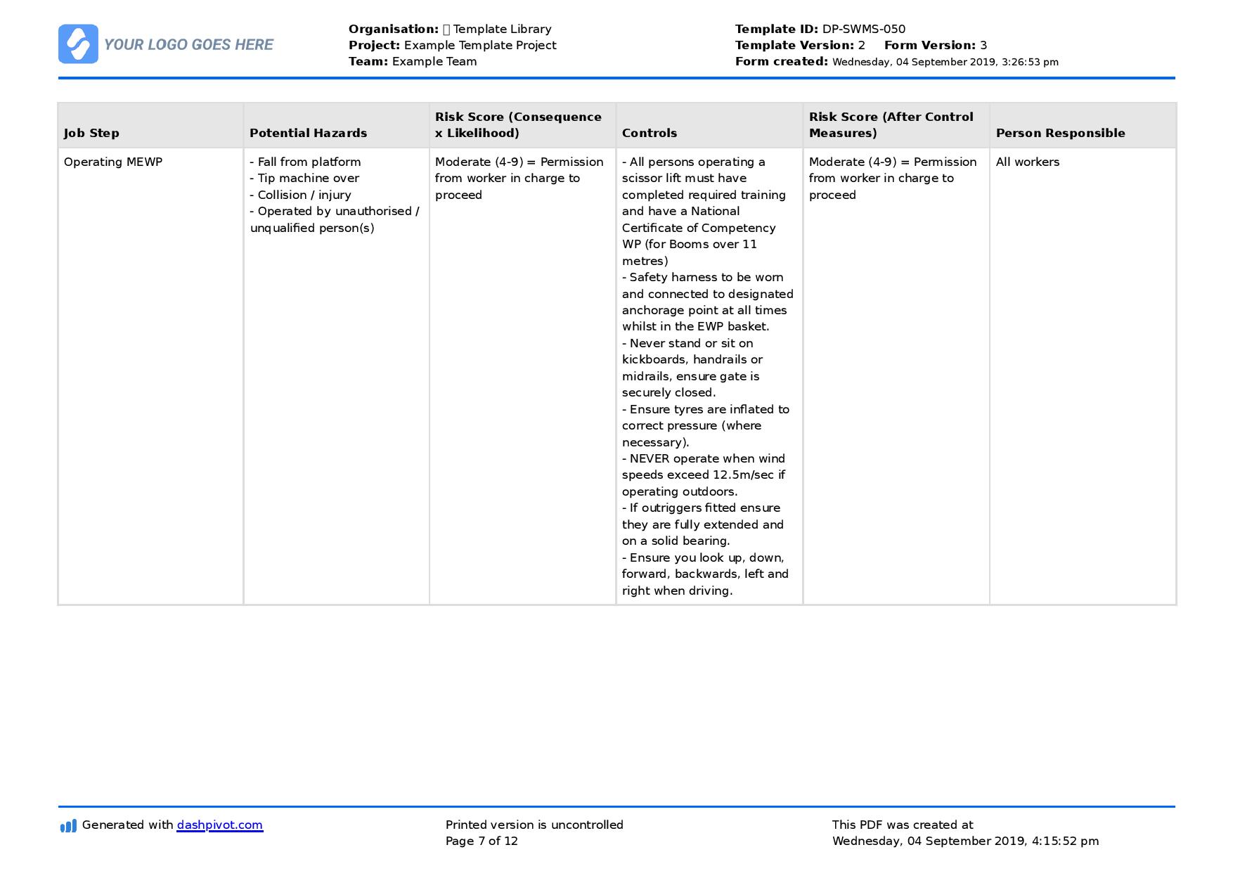 EWP Elevated Work Platform Safe Work Method Statement SWMS 