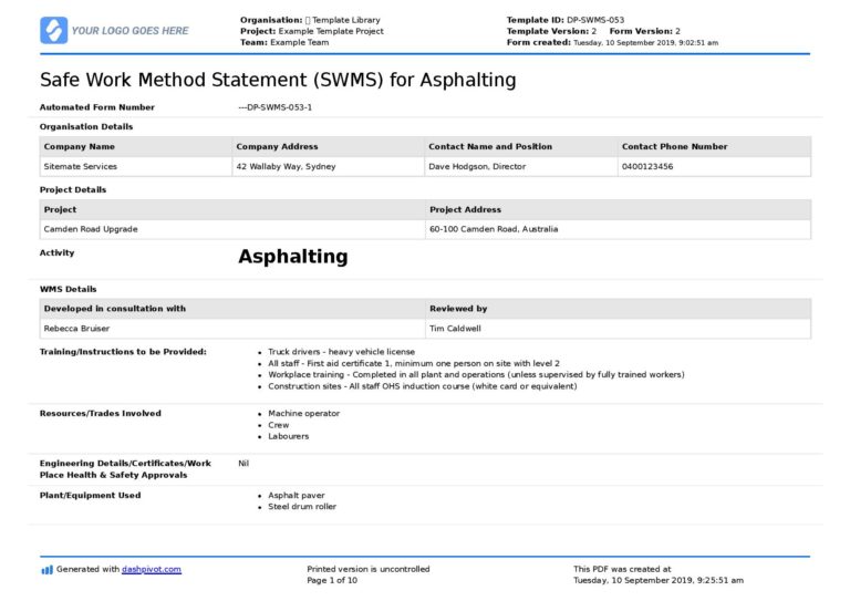 Asphalting Safe Work Method Statement (Editable asphalt SWMS)