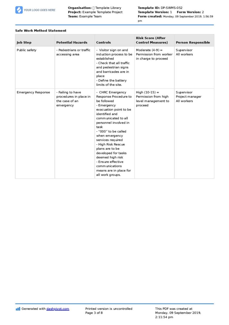 Chemical Handling Safe Work Method Statement (SWMS)