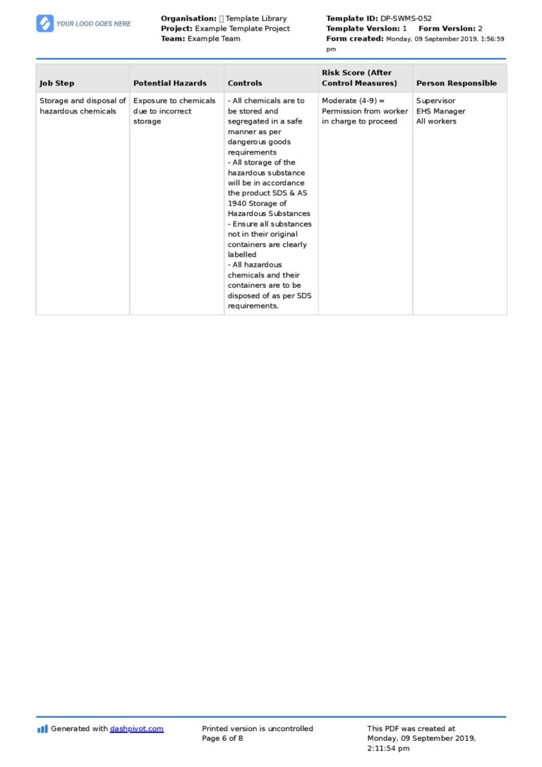 Chemical Handling Safe Work Method Statement (SWMS)