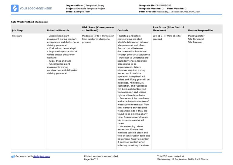Bulldozer Safe Work Method Statement (Free dozer SWMS)