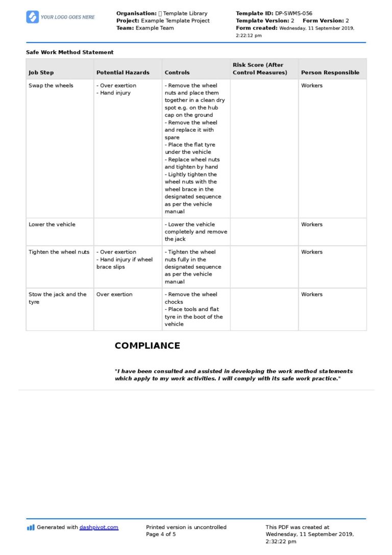 Changing Tyre Safe Work Method Statement (SWMS) Changing Tyre Safe Work Method Statement (SWMS)