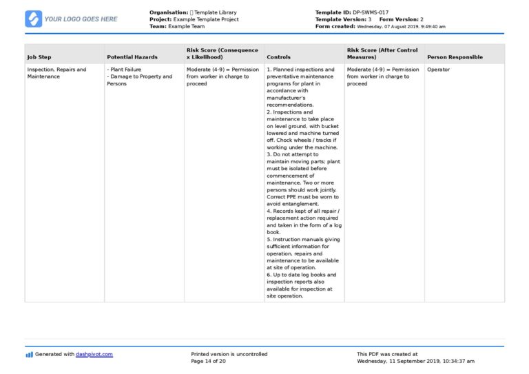 Bobcat Safe Work Method Statement (Free bobcat SWMS)