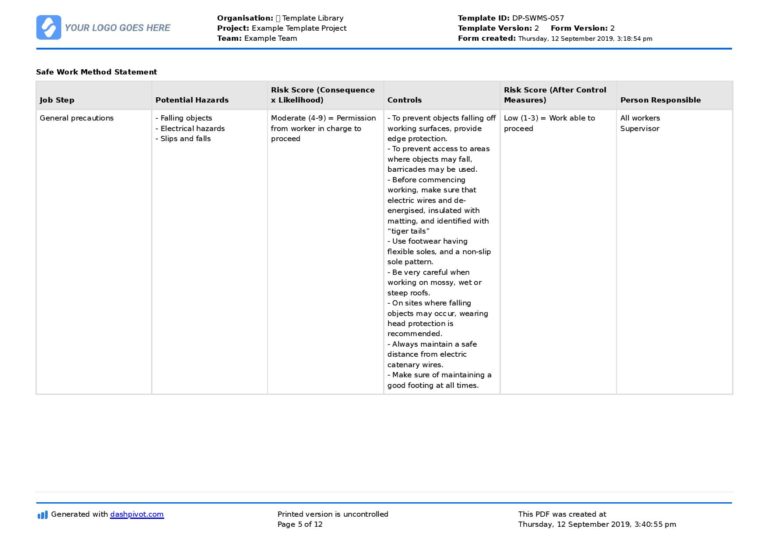 Roof Access Safe Work Method Statement (SWMS)