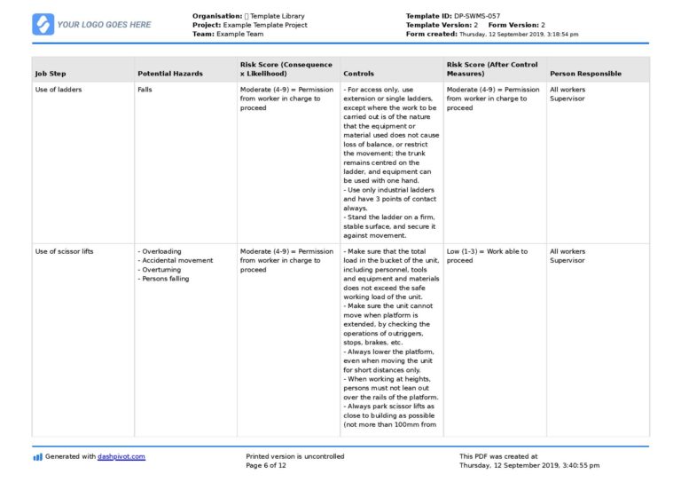Roof Access Safe Work Method Statement (SWMS)