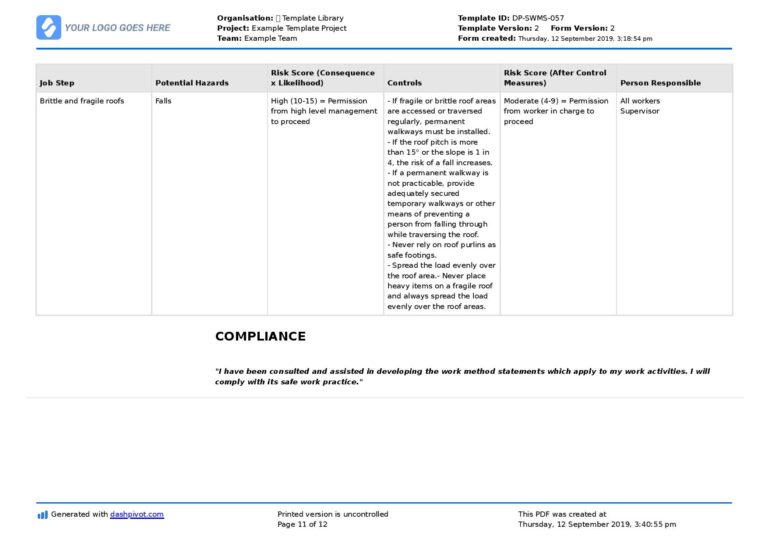 Roof Access Safe Work Method Statement (SWMS)
