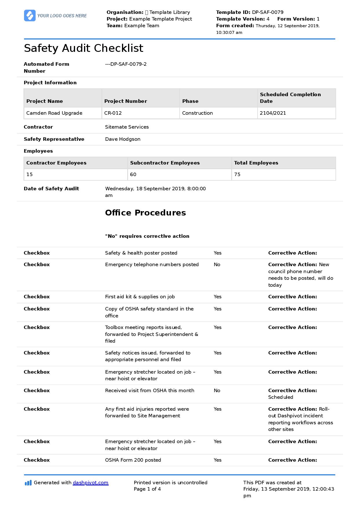 Safety Audit Checklist For Construction Site Editable Site Checklist 