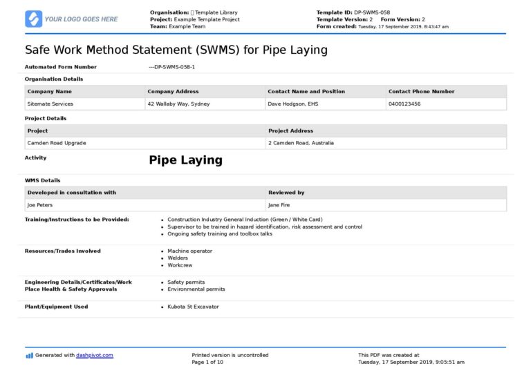 Pipe Laying Safe Work Method Statement (SWMS)
