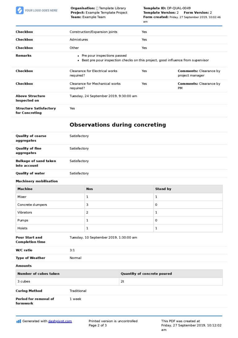 Concrete Pour Card Checklist Template: Free digital template