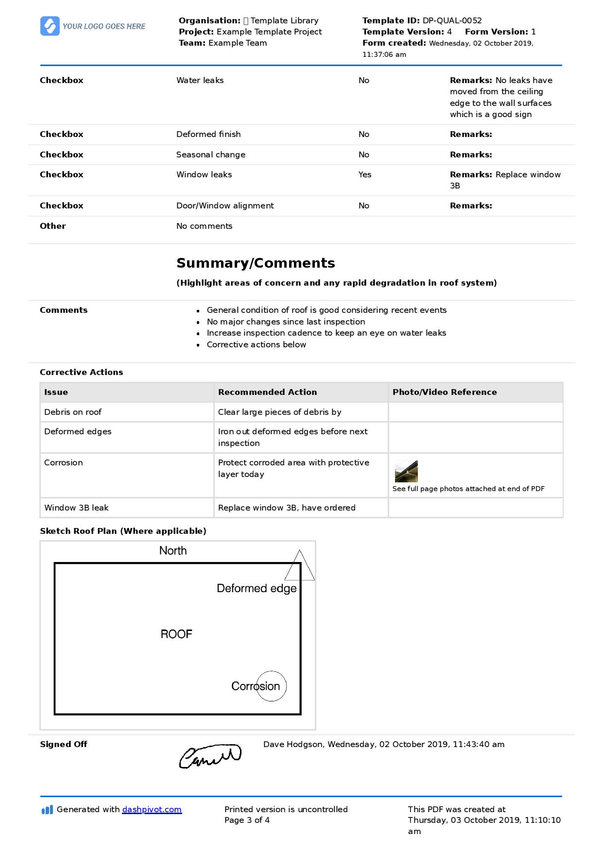 Free Roof Inspection Report Template Word Daily Safety Inspection 